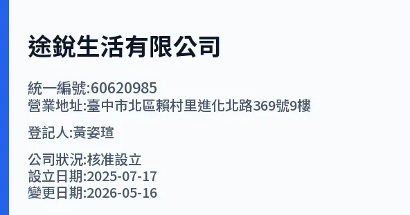 途銳生活有限公司的照片-統編 60620985(臺中市) 公司登記資料與營業項目詳細圖表