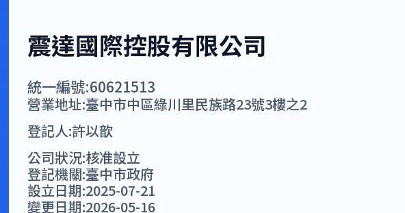 震達國際控股有限公司的照片-統編 60621513(臺中市) 公司登記資料與營業項目詳細圖表