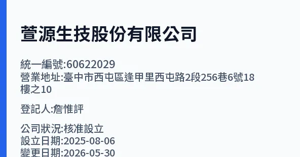 萱源生技股份有限公司的照片-統編 60622029(臺中市) 公司登記資料與營業項目詳細圖表