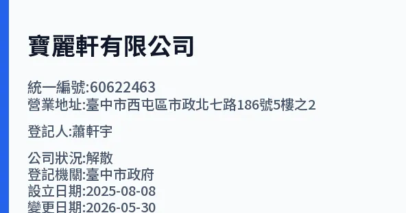 寶麗軒有限公司的照片-統編 60622463(臺中市) 公司登記資料與營業項目詳細圖表