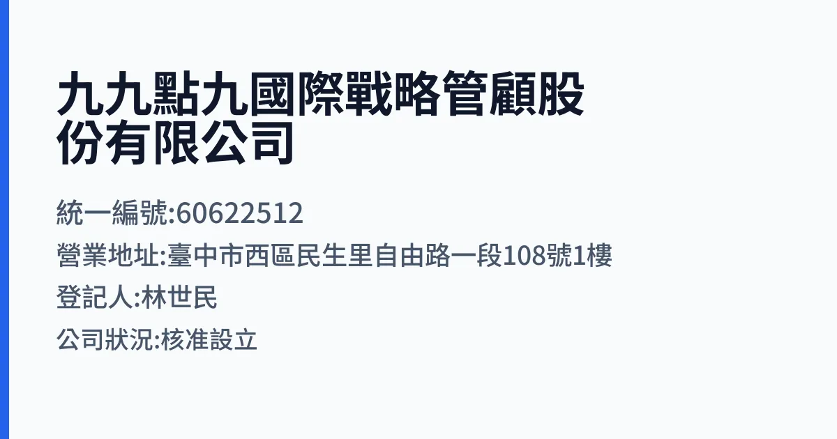 九九點九國際戰略管顧股份有限公司 - 統編 60622512(臺中市) 公司登記資料與營業項目詳細圖表