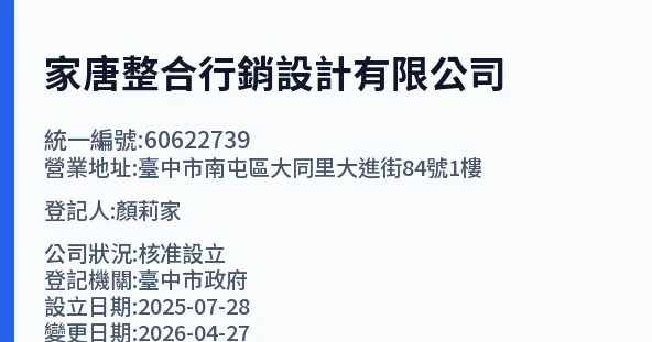 家唐整合行銷設計有限公司的照片-統編 60622739(臺中市) 公司登記資料與營業項目詳細圖表
