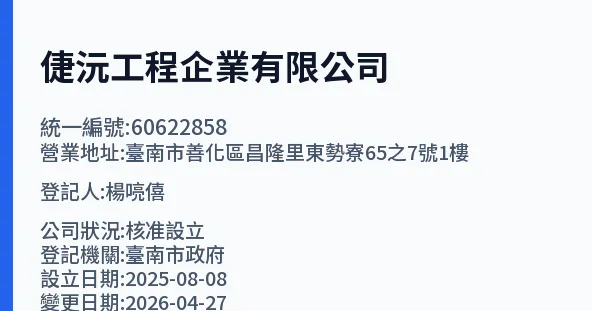 倢沅工程企業有限公司的照片-統編 60622858(臺南市) 公司登記資料與營業項目詳細圖表