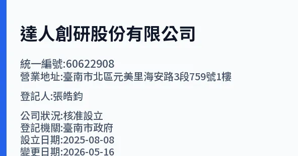 達人創研股份有限公司的照片-統編 60622908(臺南市) 公司登記資料與營業項目詳細圖表
