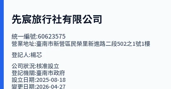 先宸旅行社有限公司的照片-統編 60623575(臺南市) 公司登記資料與營業項目詳細圖表