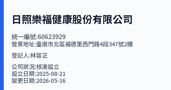 日照樂福健康股份有限公司的照片-統編 60623929(臺南市) 公司登記資料與營業項目詳細圖表