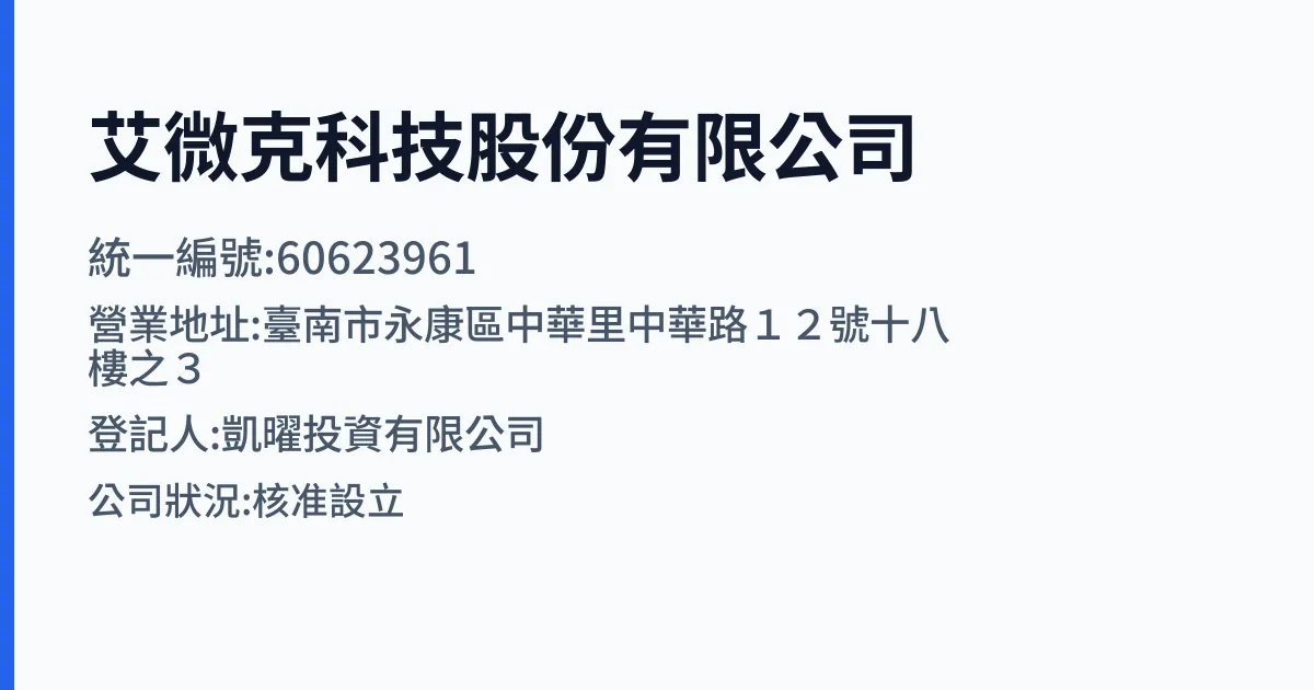 艾微克科技股份有限公司 - 統編 60623961(臺南市) 公司登記資料與營業項目詳細圖表