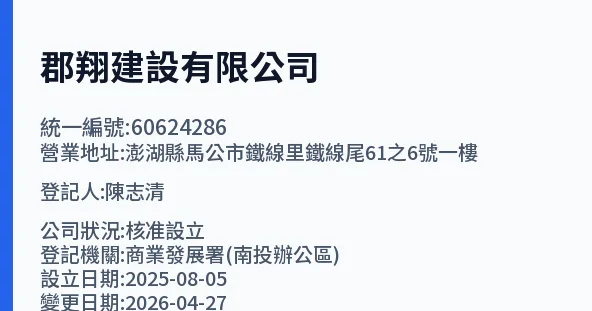 郡翔建設有限公司的照片-統編 60624286(澎湖縣) 公司登記資料與營業項目詳細圖表