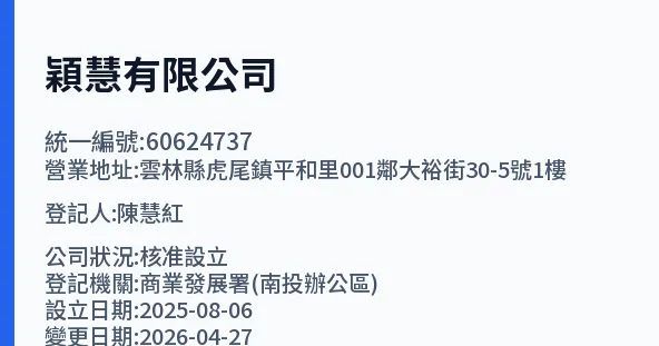 穎慧有限公司的照片-統編 60624737(雲林縣) 公司登記資料與營業項目詳細圖表