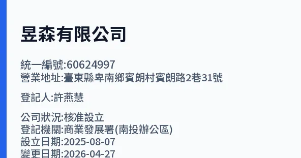 昱森有限公司的照片-統編 60624997(臺東縣) 公司登記資料與營業項目詳細圖表