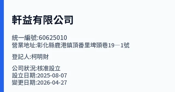 軒益有限公司的照片-統編 60625010(彰化縣) 公司登記資料與營業項目詳細圖表