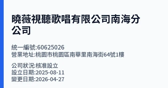 曉薇視聽歌唱有限公司南海分公司的照片-統編 60625026(桃園市) 公司登記資料與營業項目詳細圖表