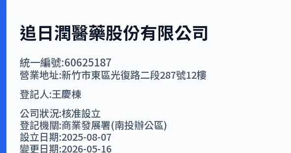 追日潤醫藥股份有限公司的照片-統編 60625187(新竹市) 公司登記資料與營業項目詳細圖表