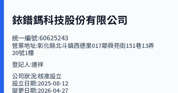 銥鐠鎷科技股份有限公司的照片-統編 60625243(彰化縣) 公司登記資料與營業項目詳細圖表