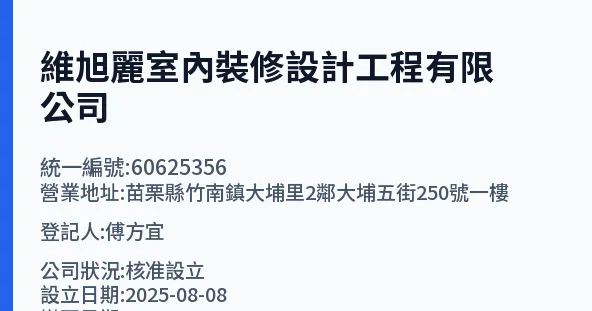 維旭麗室內裝修設計工程有限公司的照片-統編 60625356(苗栗縣) 公司登記資料與營業項目詳細圖表