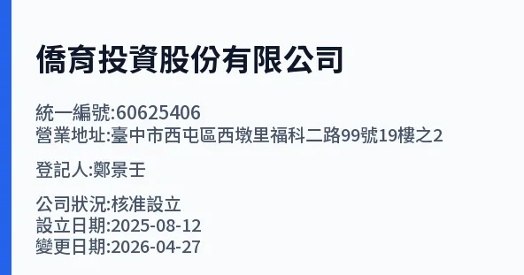 僑育投資股份有限公司的照片-統編 60625406(臺中市) 公司登記資料與營業項目詳細圖表