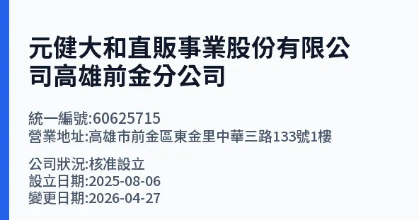 元健大和直販事業股份有限公司高雄前金分公司的照片-統編 60625715(高雄市) 公司登記資料與營業項目詳細圖表