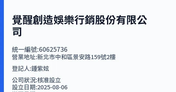 覺醒創造娛樂行銷股份有限公司的照片-統編 60625736(新北市) 公司登記資料與營業項目詳細圖表