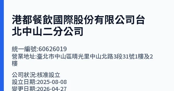 港都餐飲國際股份有限公司台北中山二分公司的照片-統編 60626019(臺北市) 公司登記資料與營業項目詳細圖表