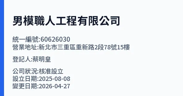 男模職人工程有限公司的照片-統編 60626030(新北市) 公司登記資料與營業項目詳細圖表