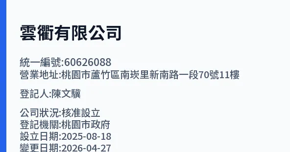 雲衢有限公司的照片-統編 60626088(桃園市) 公司登記資料與營業項目詳細圖表