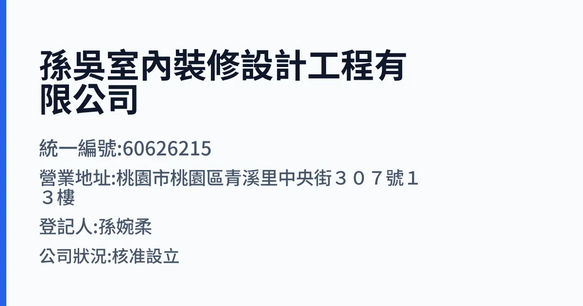 孫吳室內裝修設計工程有限公司 - 統編 60626215(桃園市) 公司登記資料與營業項目詳細圖表