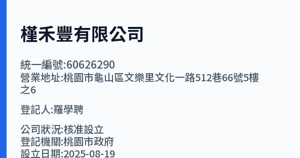 槿禾豐有限公司的照片-統編 60626290(桃園市) 公司登記資料與營業項目詳細圖表