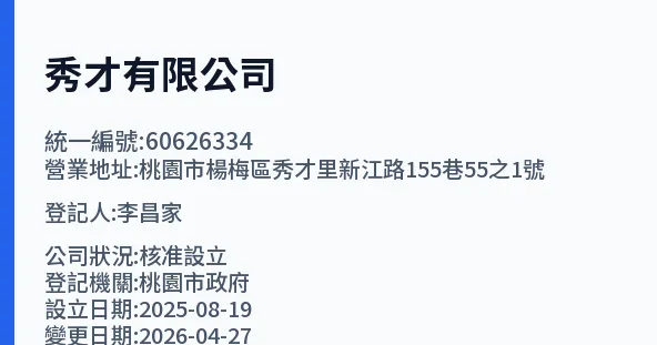 秀才有限公司的照片-統編 60626334(桃園市) 公司登記資料與營業項目詳細圖表