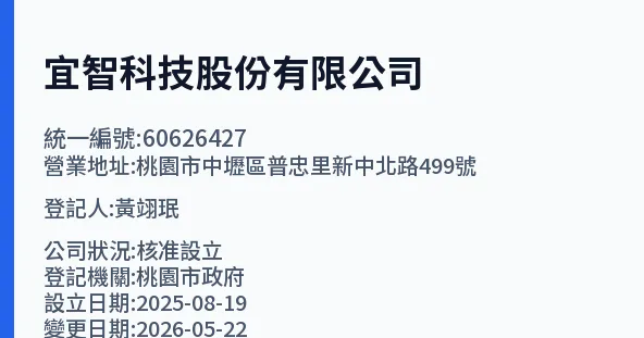 宜智科技股份有限公司的照片-統編 60626427(桃園市) 公司登記資料與營業項目詳細圖表