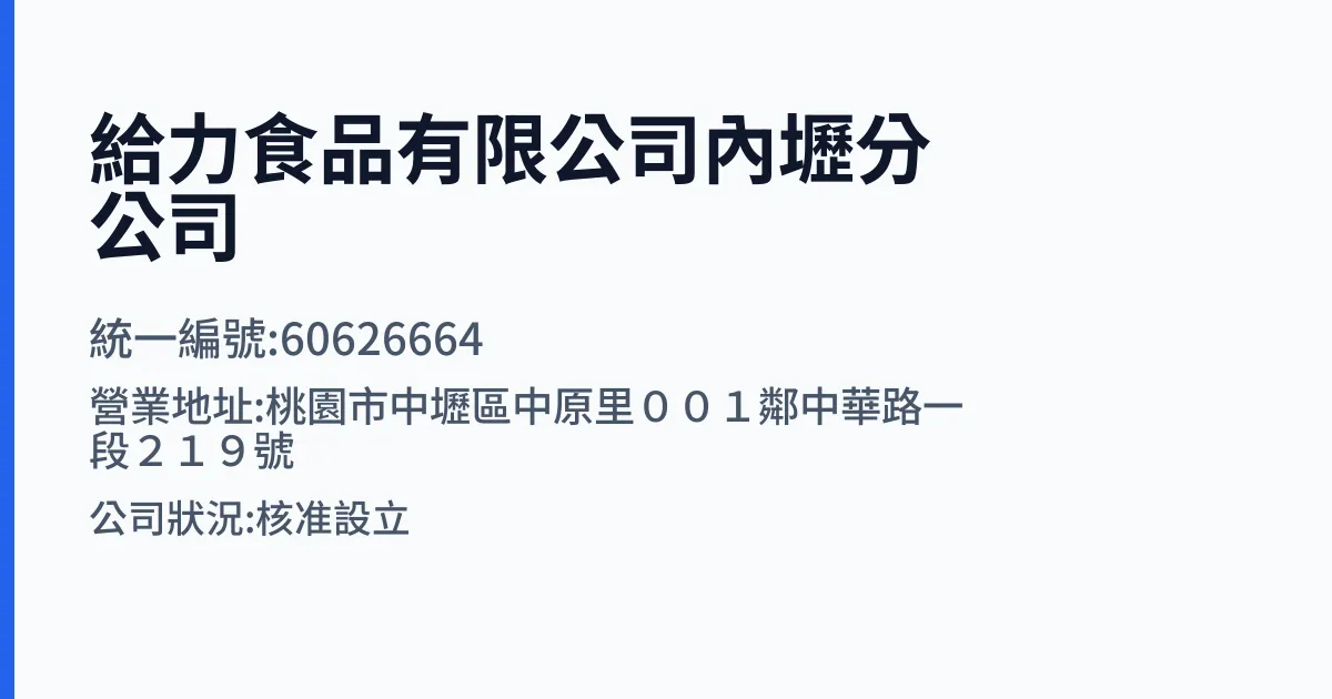 給力食品有限公司內壢分公司 - 統編 60626664（桃園市） 公司登記資料與營業項目詳細圖表