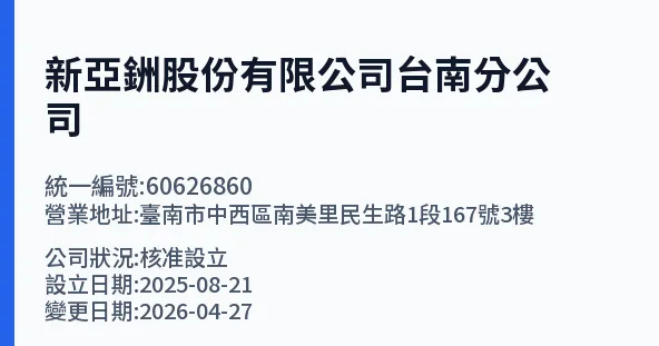 新亞銂股份有限公司台南分公司的照片-統編 60626860(臺南市) 公司登記資料與營業項目詳細圖表