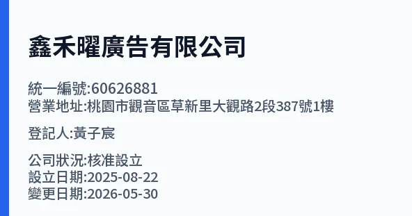 鑫禾曜廣告有限公司的照片-統編 60626881(桃園市) 公司登記資料與營業項目詳細圖表