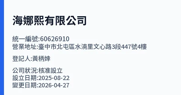 海娜熙有限公司的照片-統編 60626910(臺中市) 公司登記資料與營業項目詳細圖表
