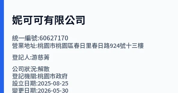 妮可可有限公司的照片-統編 60627170(桃園市) 公司登記資料與營業項目詳細圖表