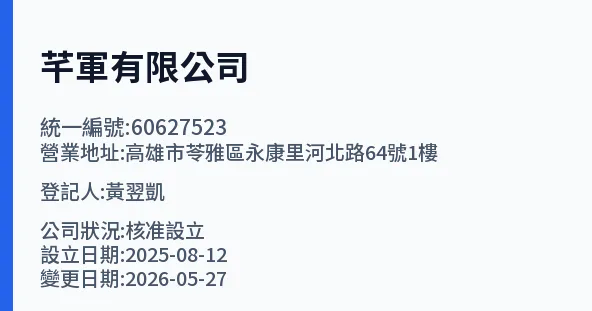 芊軍有限公司的照片-統編 60627523(高雄市) 公司登記資料與營業項目詳細圖表