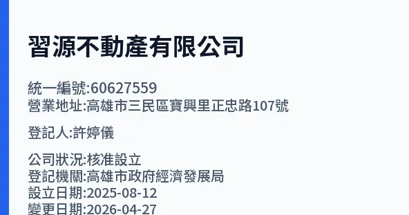 習源不動產有限公司的照片-統編 60627559(高雄市) 公司登記資料與營業項目詳細圖表