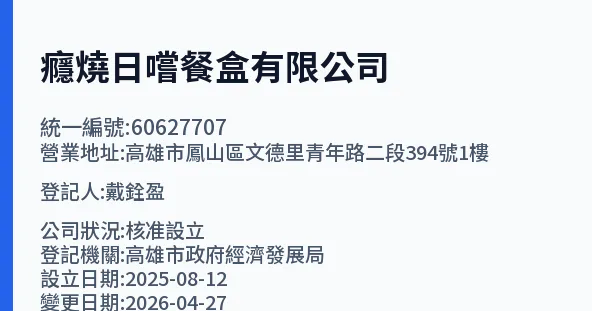 癮燒日嚐餐盒有限公司的照片-統編 60627707(高雄市) 公司登記資料與營業項目詳細圖表