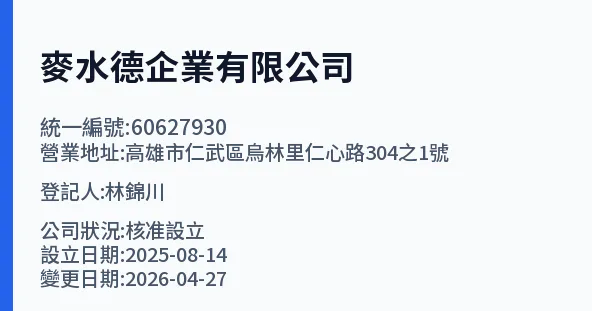 麥水德企業有限公司的照片-統編 60627930(高雄市) 公司登記資料與營業項目詳細圖表