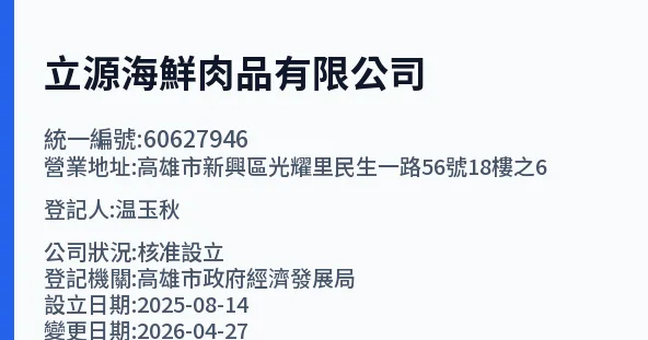立源海鮮肉品有限公司的照片-統編 60627946(高雄市) 公司登記資料與營業項目詳細圖表