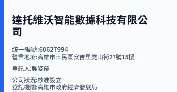 達托維沃智能數據科技有限公司的照片-統編 60627994(高雄市) 公司登記資料與營業項目詳細圖表
