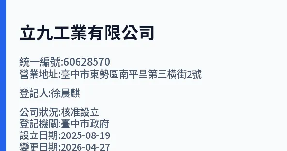 立九工業有限公司的照片-統編 60628570(臺中市) 公司登記資料與營業項目詳細圖表