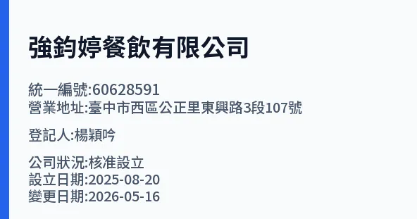 強鈞婷餐飲有限公司的照片-統編 60628591(臺中市) 公司登記資料與營業項目詳細圖表