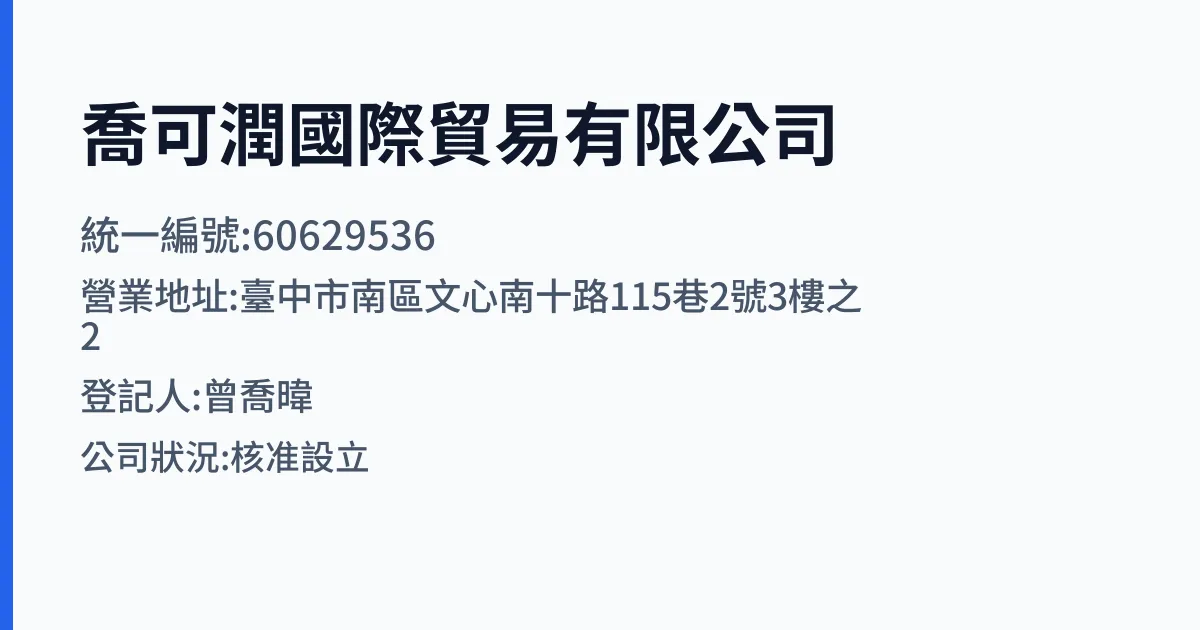 喬可潤國際貿易有限公司 - 統編 60629536(臺中市) 公司登記資料與營業項目詳細圖表