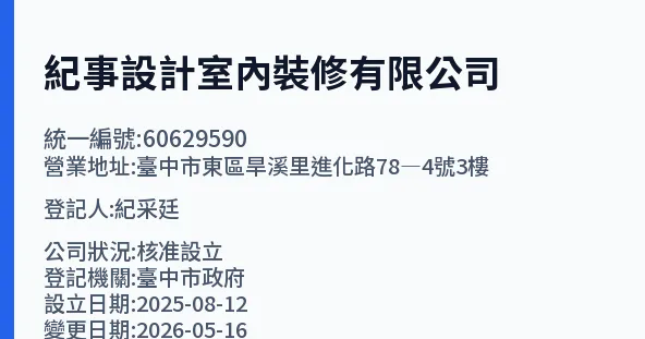 紀事設計室內裝修有限公司的照片-統編 60629590(臺中市) 公司登記資料與營業項目詳細圖表