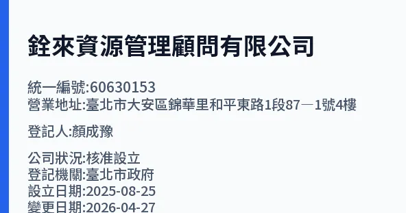 銓來資源管理顧問有限公司的照片-統編 60630153(臺北市) 公司登記資料與營業項目詳細圖表