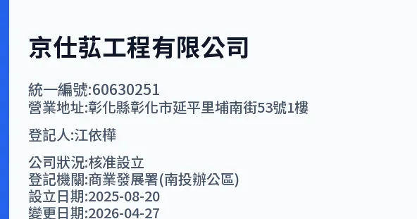 京仕苰工程有限公司的照片-統編 60630251(彰化縣) 公司登記資料與營業項目詳細圖表