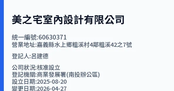 美之宅室內設計有限公司的照片-統編 60630371(嘉義縣) 公司登記資料與營業項目詳細圖表