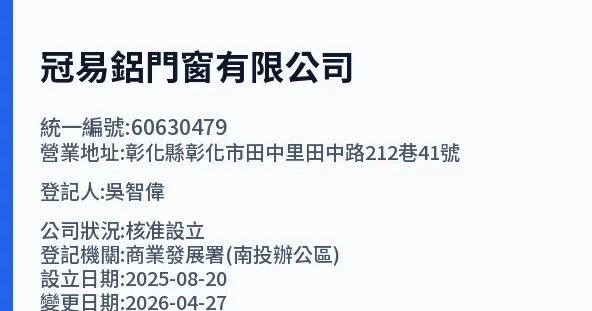 冠易鋁門窗有限公司的照片-統編 60630479(彰化縣) 公司登記資料與營業項目詳細圖表