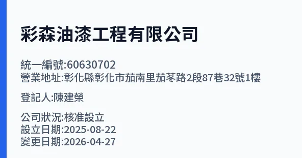 彩森油漆工程有限公司的照片-統編 60630702(彰化縣) 公司登記資料與營業項目詳細圖表