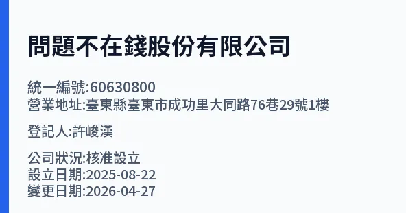 問題不在錢股份有限公司的照片-統編 60630800(臺東縣) 公司登記資料與營業項目詳細圖表